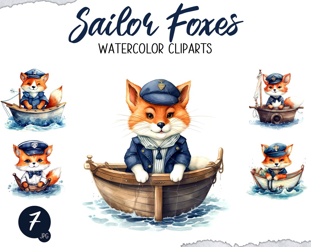 Watercolor Sailor Fox Clipart Bundle, Nautical Fox Art JPG, Blue and ...