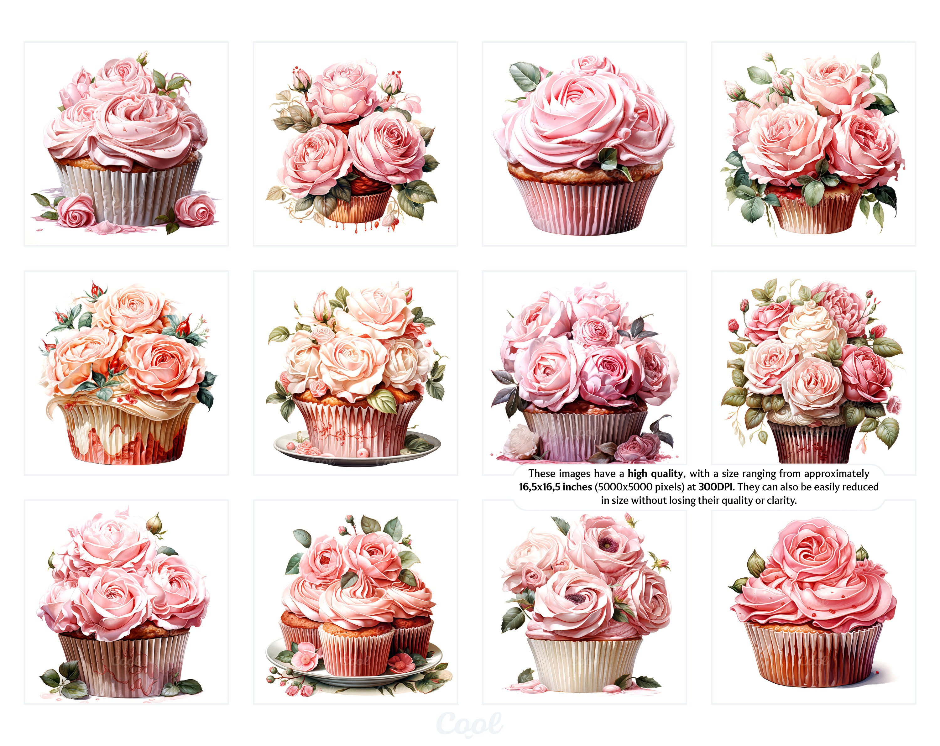 Roses Cupcakes Clipart Bundle, 12 Digital JPG, Buttercream Delight ...