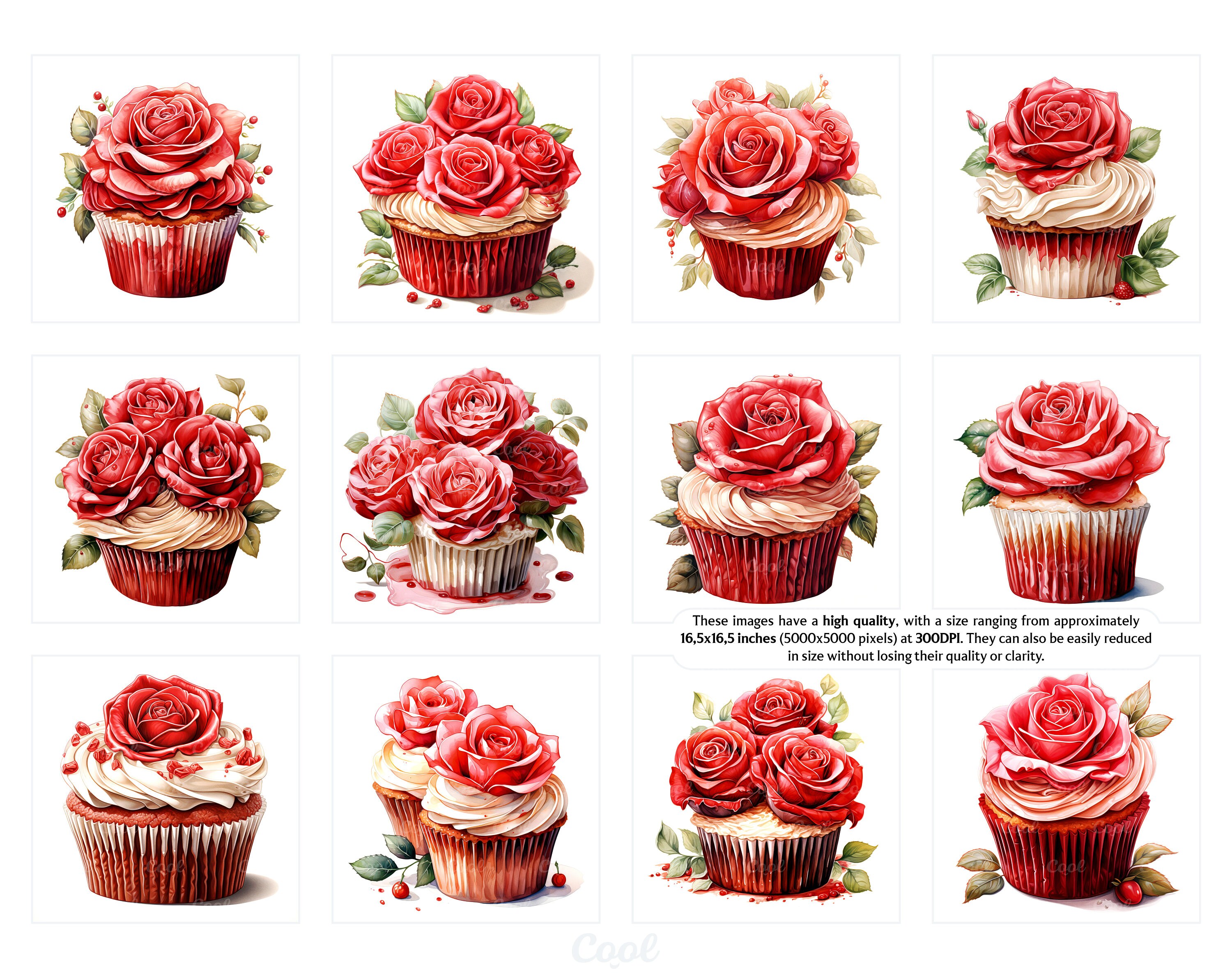 Red Roses Cupcakes Clipart Bundle 18 Digital JPG Romantic - Etsy