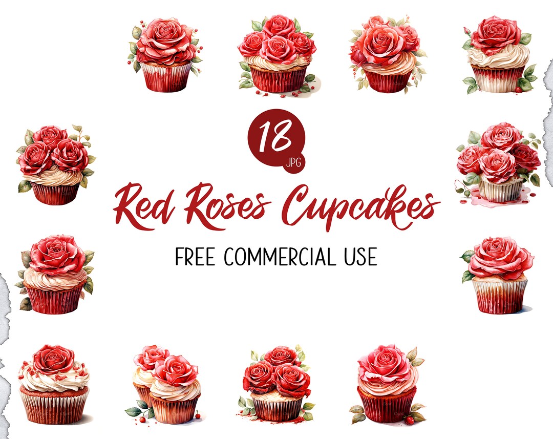 Red Roses Cupcakes Clipart Bundle 18 Digital JPG Romantic - Etsy