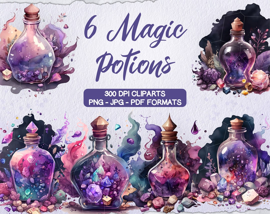 Watercolor Magic Potion Clipart Bundle, Potion Bottle Print PNG, Alchemy Art Decor, Enchanted ...