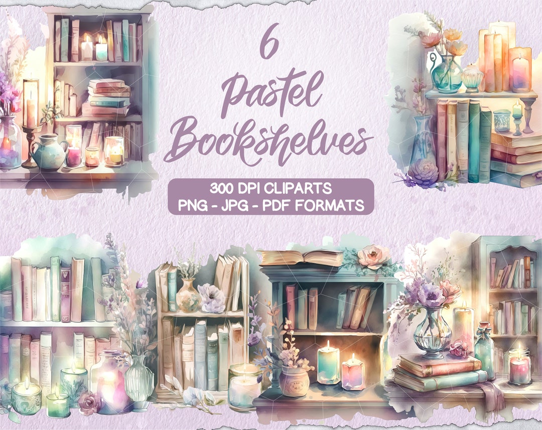 Watercolor Pastel Bookshelf Clipart Bundle, Cute Bookshelf Decor PNG ...