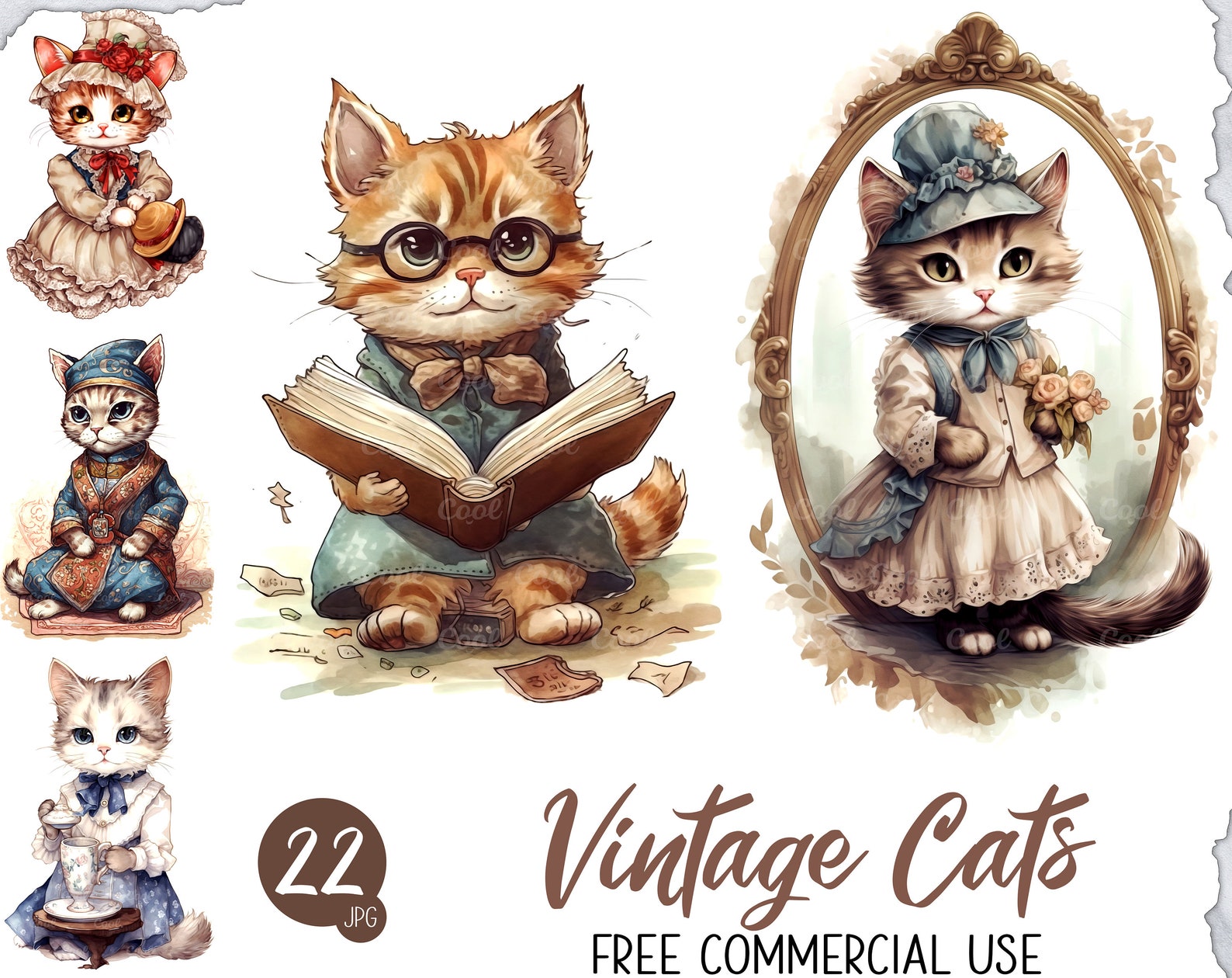 Vintage Cat Collection Clipart Bundle, 22 Digital JPG, Retro Feline Art ...