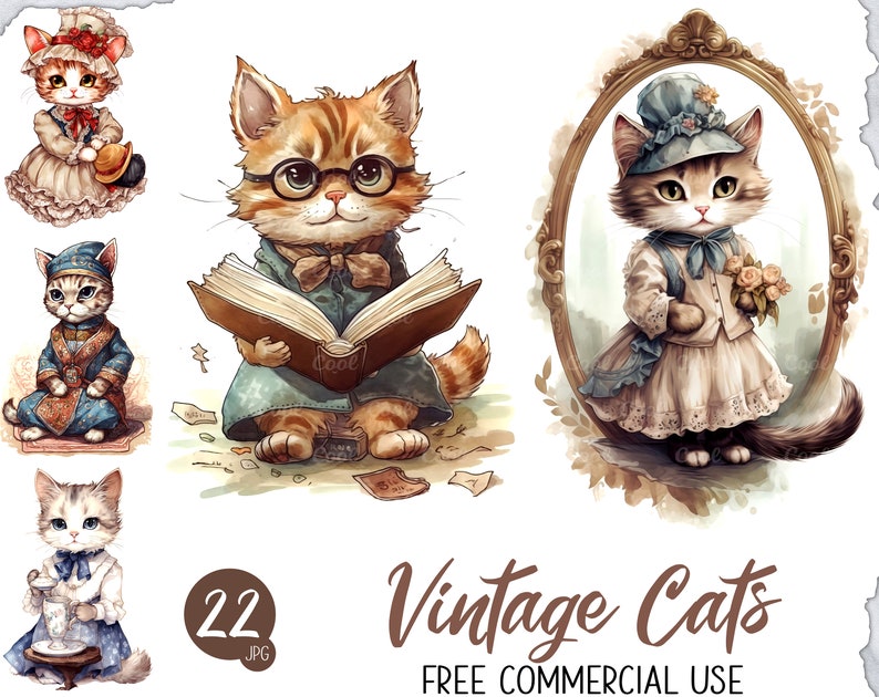 Vintage Cat Collection Clipart Bundle, 22 Digital JPG, Retro Feline Art ...