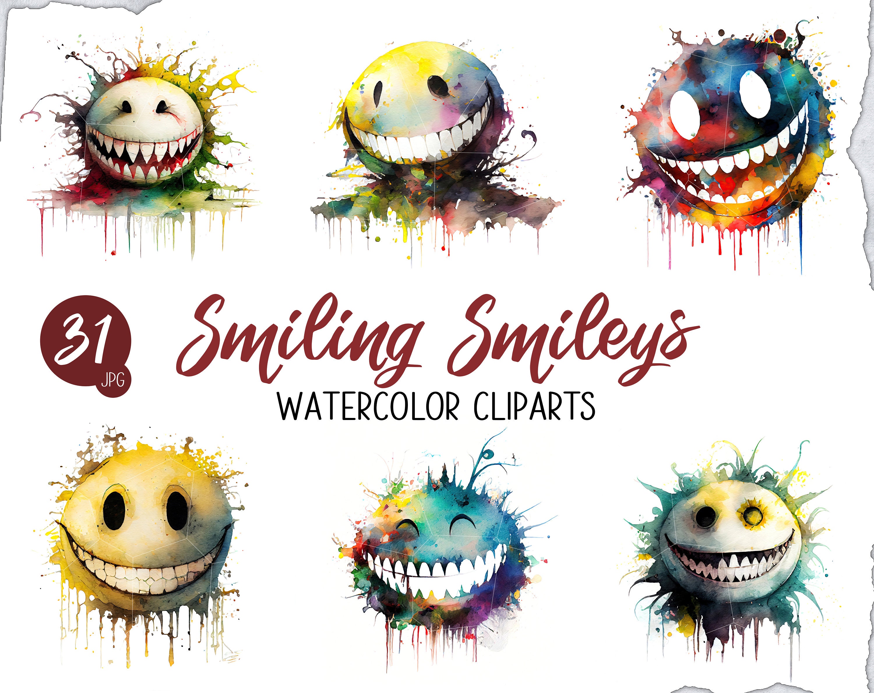 Watercolor Smiling Smiley Clipart Bundle, Creepy Smiley JPG, Gothic ...