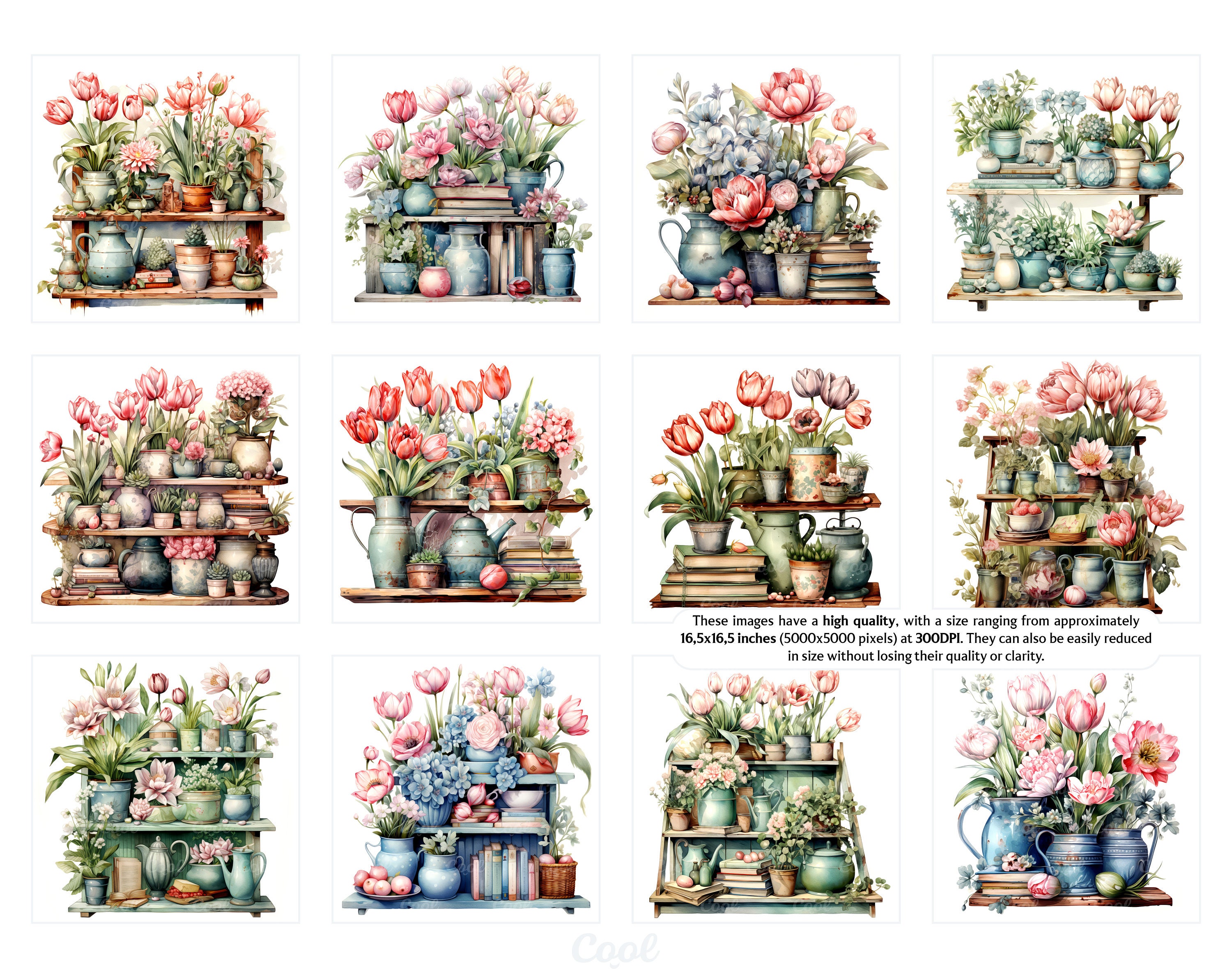 Tulip Plant Pots Shelves Clipart Bundle, 12 Digital JPG, Floral Home ...