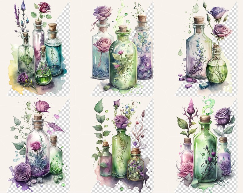 Watercolor Potion Vial Clipart Bundle, Rose Potion Bottle PNG ...