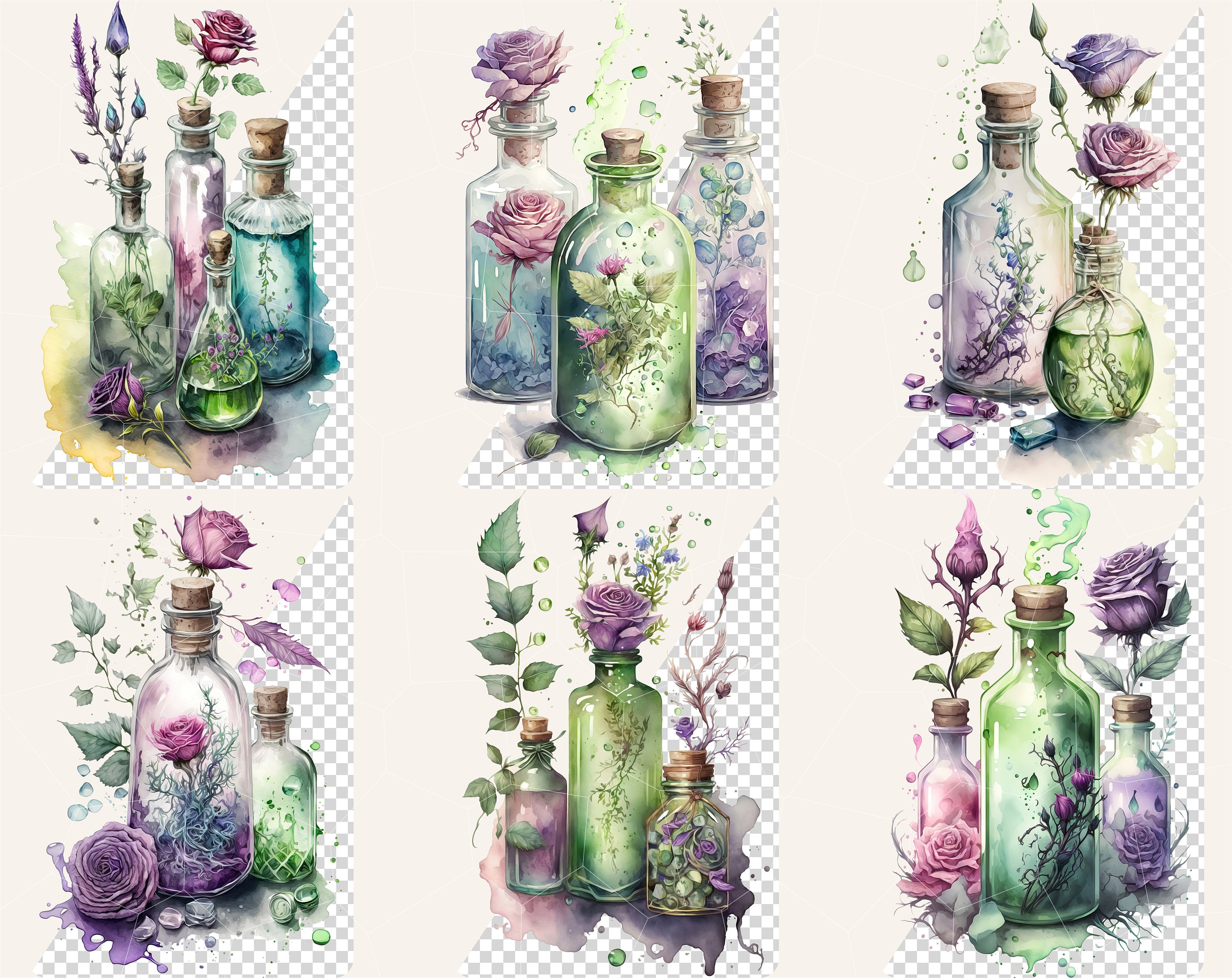 Watercolor Potion Vial Clipart Bundle, Rose Potion Bottle PNG ...