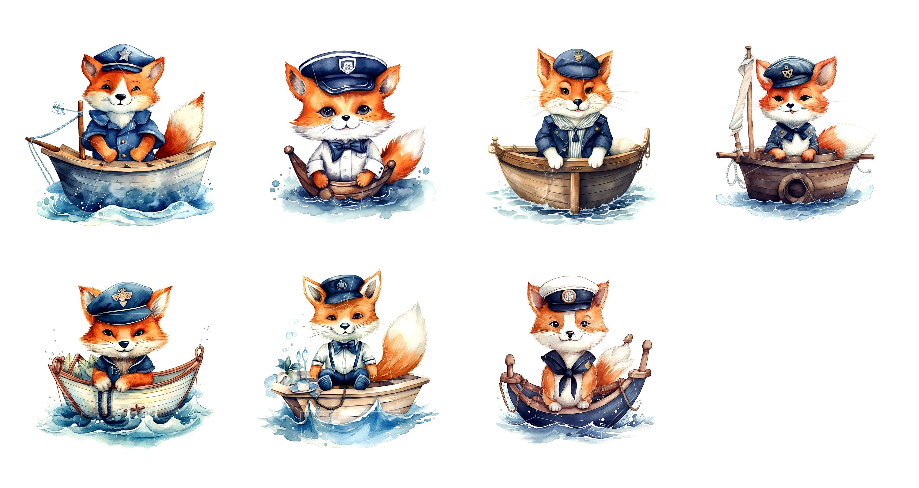 Watercolor Sailor Fox Clipart Bundle, Nautical Fox Art JPG, Blue and ...