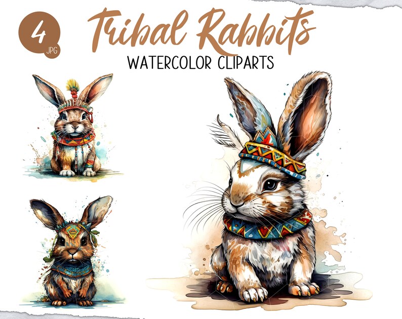 Watercolor Tribal Rabbit Clipart Bundle, Symbolic Rabbit JPG, Mystic ...