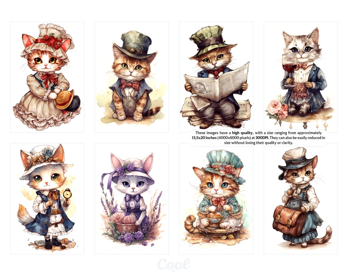 Vintage Cat Collection Clipart Bundle, 22 Digital JPG, Retro Feline Art ...