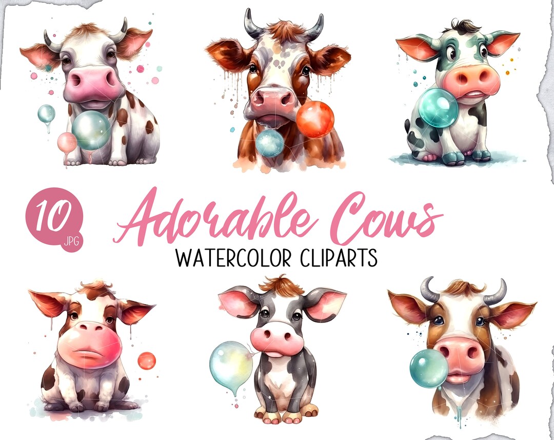 Watercolor Adorable Cow Clipart Bundle, Cartoon Cow Art JPG, Farm ...
