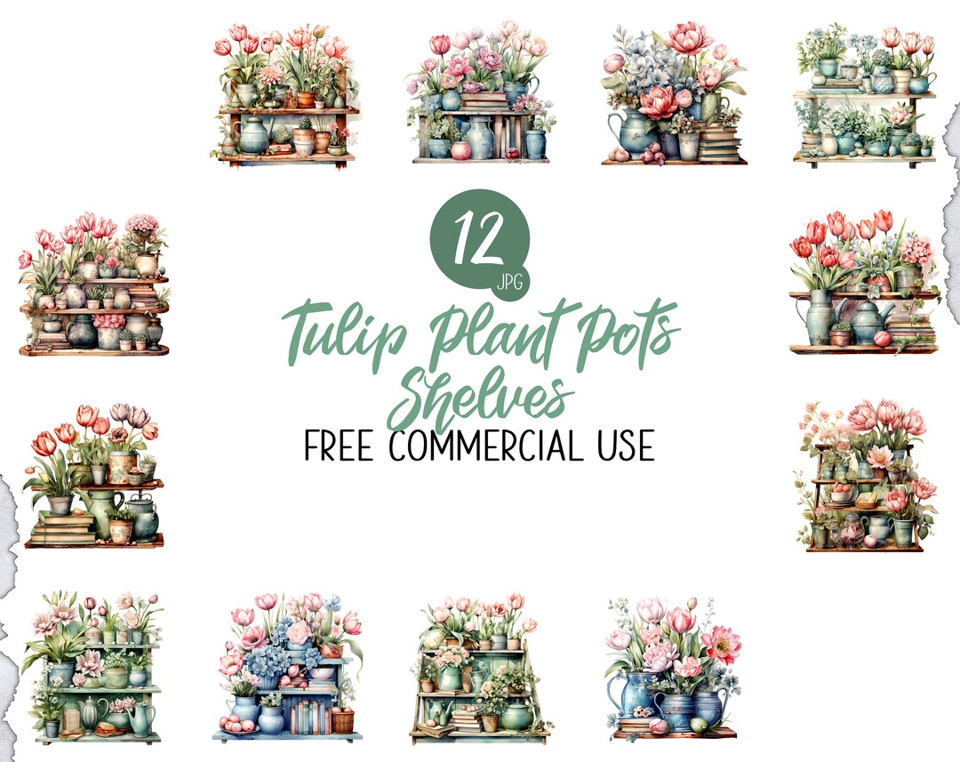 Tulip Plant Pots Shelves Clipart Bundle, 12 Digital JPG, Floral Home ...