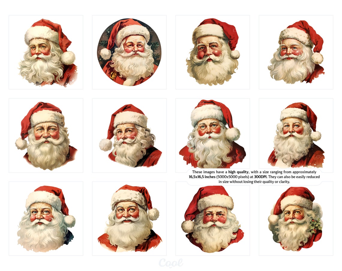 Vintage Santa Faces Clipart Bundle 12 Digital JPG Festive - Etsy