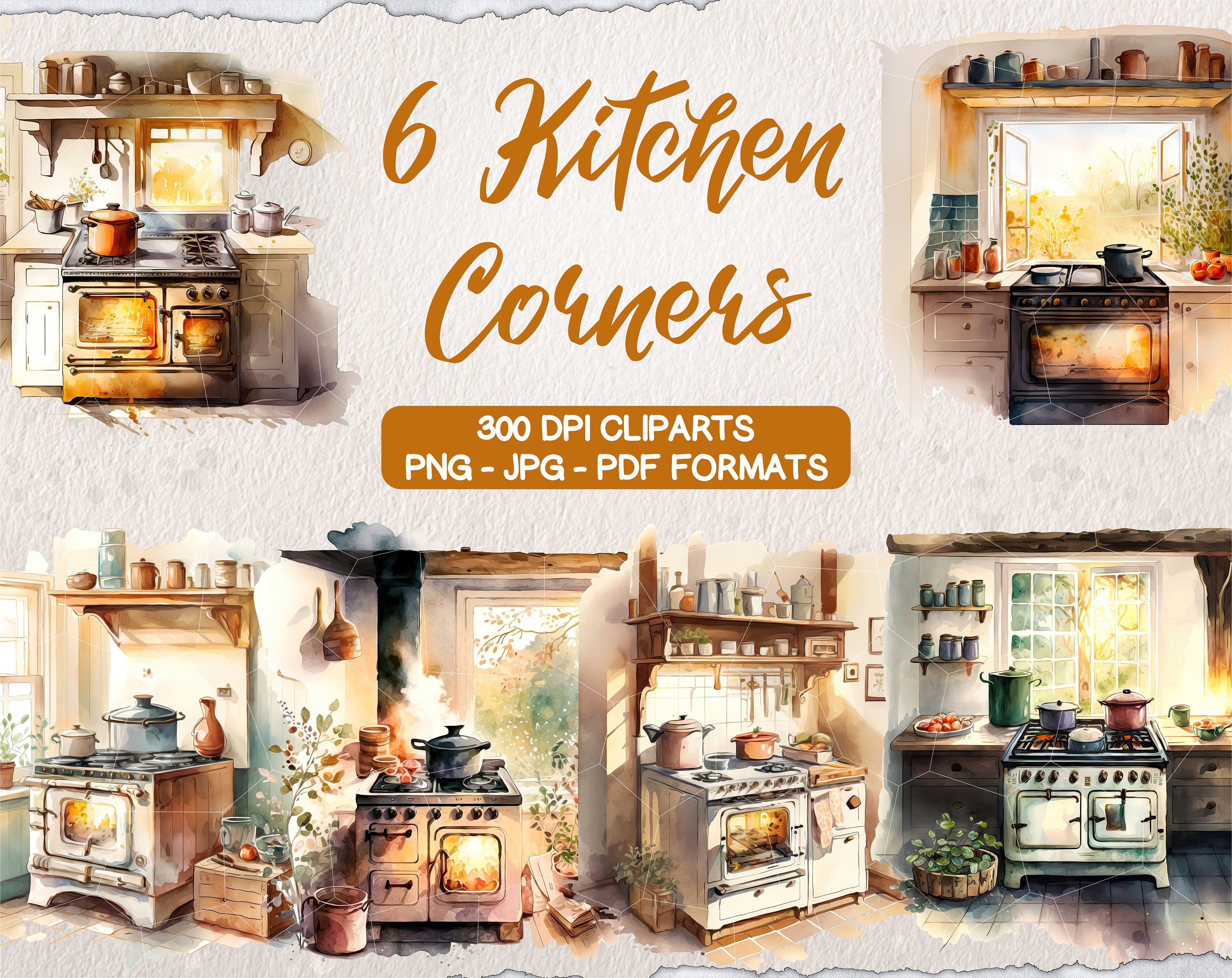Watercolor Kitchen Corner Clipart Bundle, Culinary Art Decor PNG ...