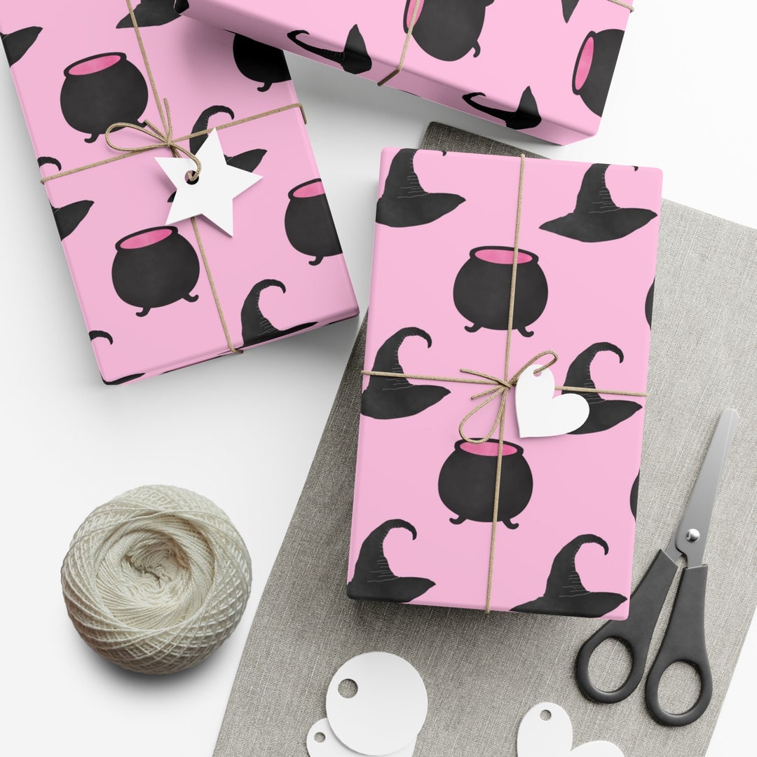 Spooky Wrapping Paper Pink Halloween Gift Wrap, Witch Wrapping Paper ...