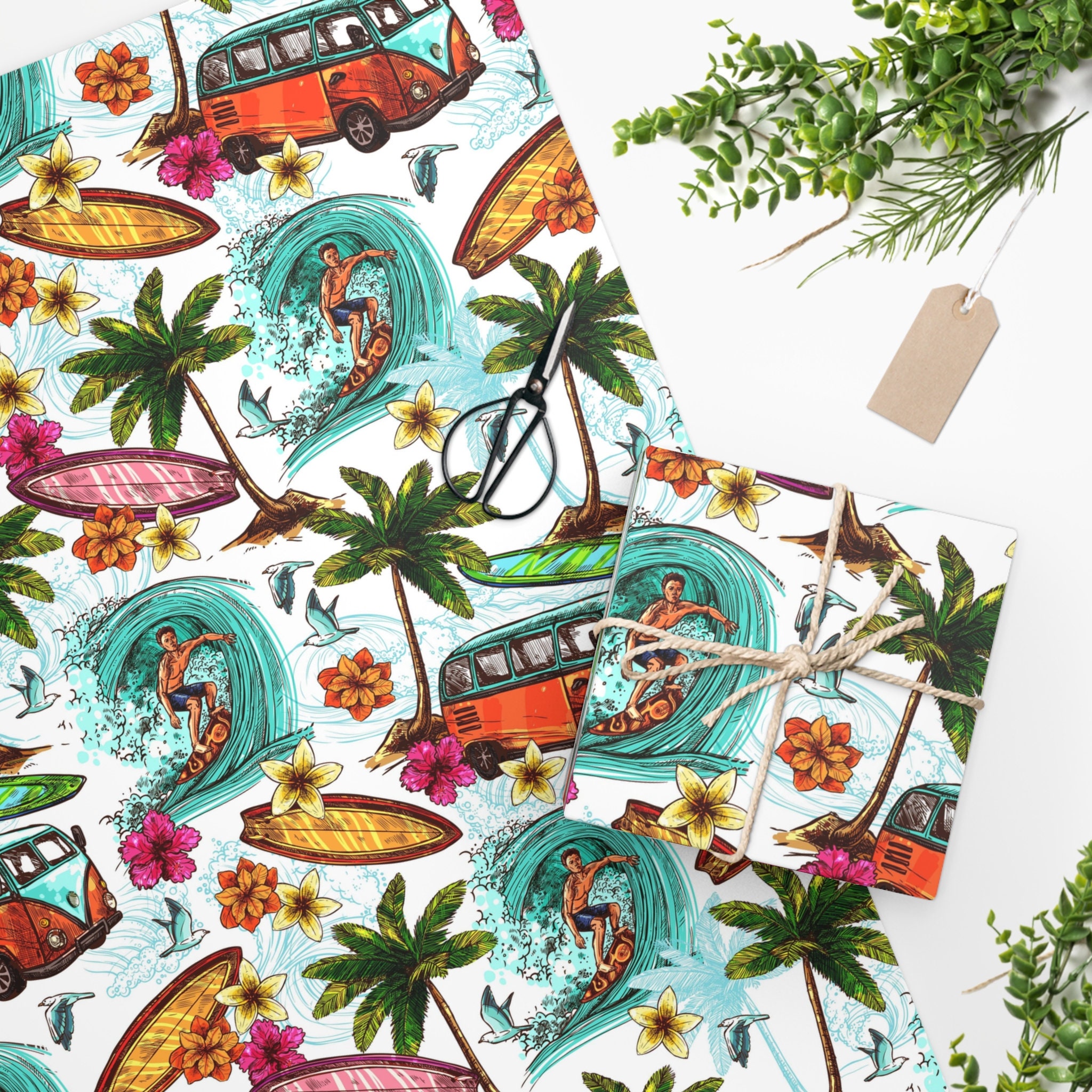 Surfing Wrapping Paper for Beach Birthday Gift, Vintage Surf Gift Wrap ...