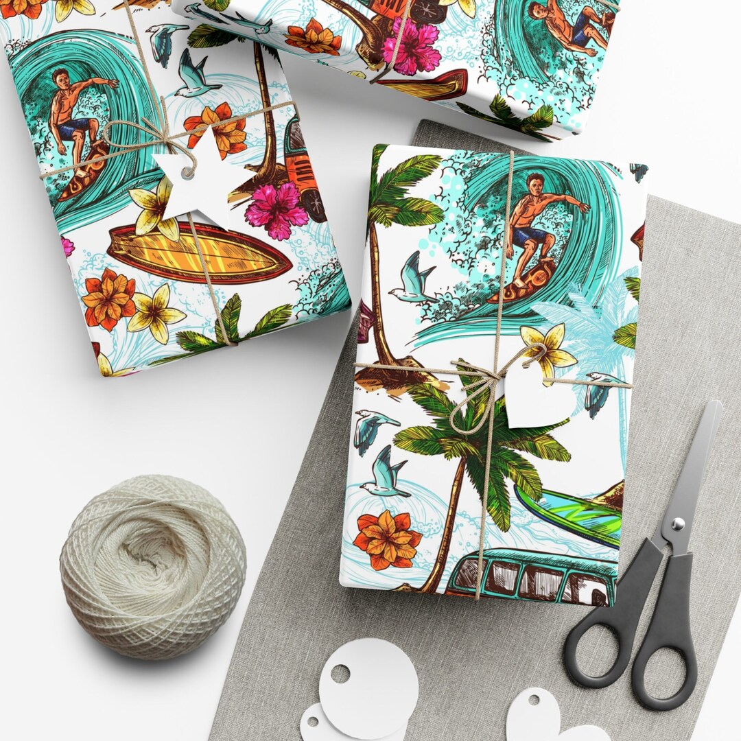 Surfing Wrapping Paper for Beach Birthday Gift, Vintage Surf Gift Wrap ...