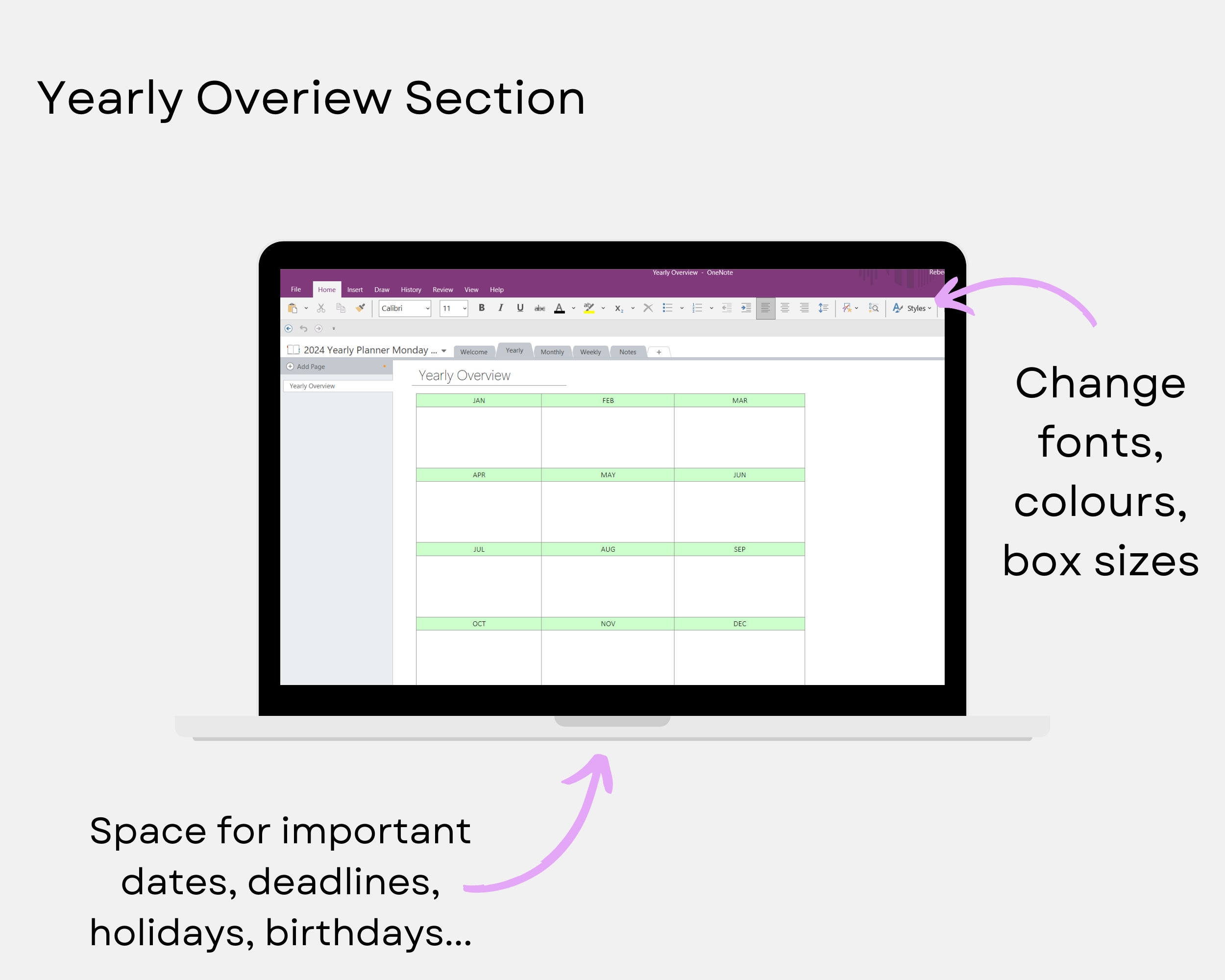 Onenote Yearly Planner 2024 Undated, Digital Planner Template, Weekly ...