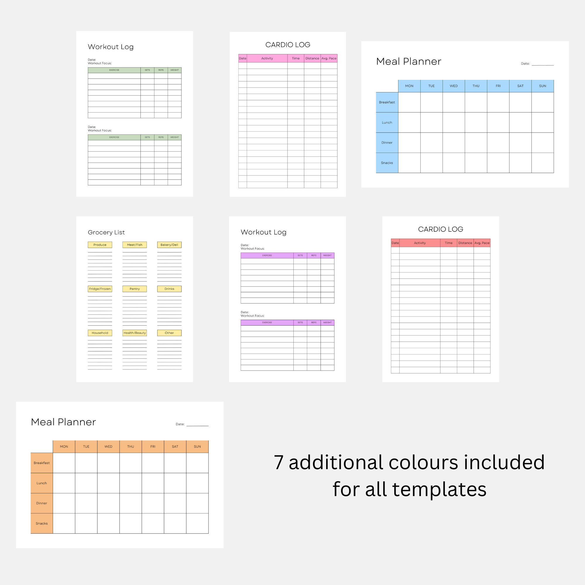 Food and Fitness Printable Template Bundle, Daily Workout Log, Cardio ...
