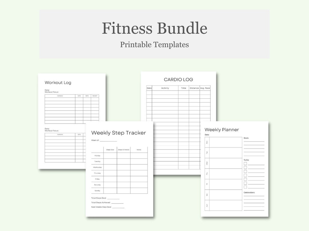 Printable Fitness Templates, Daily Workout Log, Cardio Log, Weekly ...