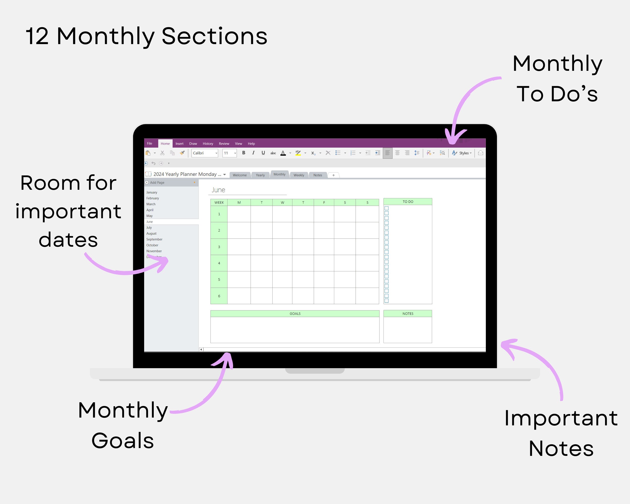 Onenote Yearly Planner 2024 Undated, Digital Planner Template, Weekly ...