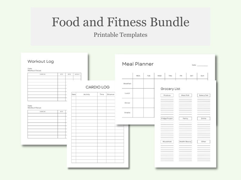 Food and Fitness Printable Template Bundle, Daily Workout Log, Cardio ...