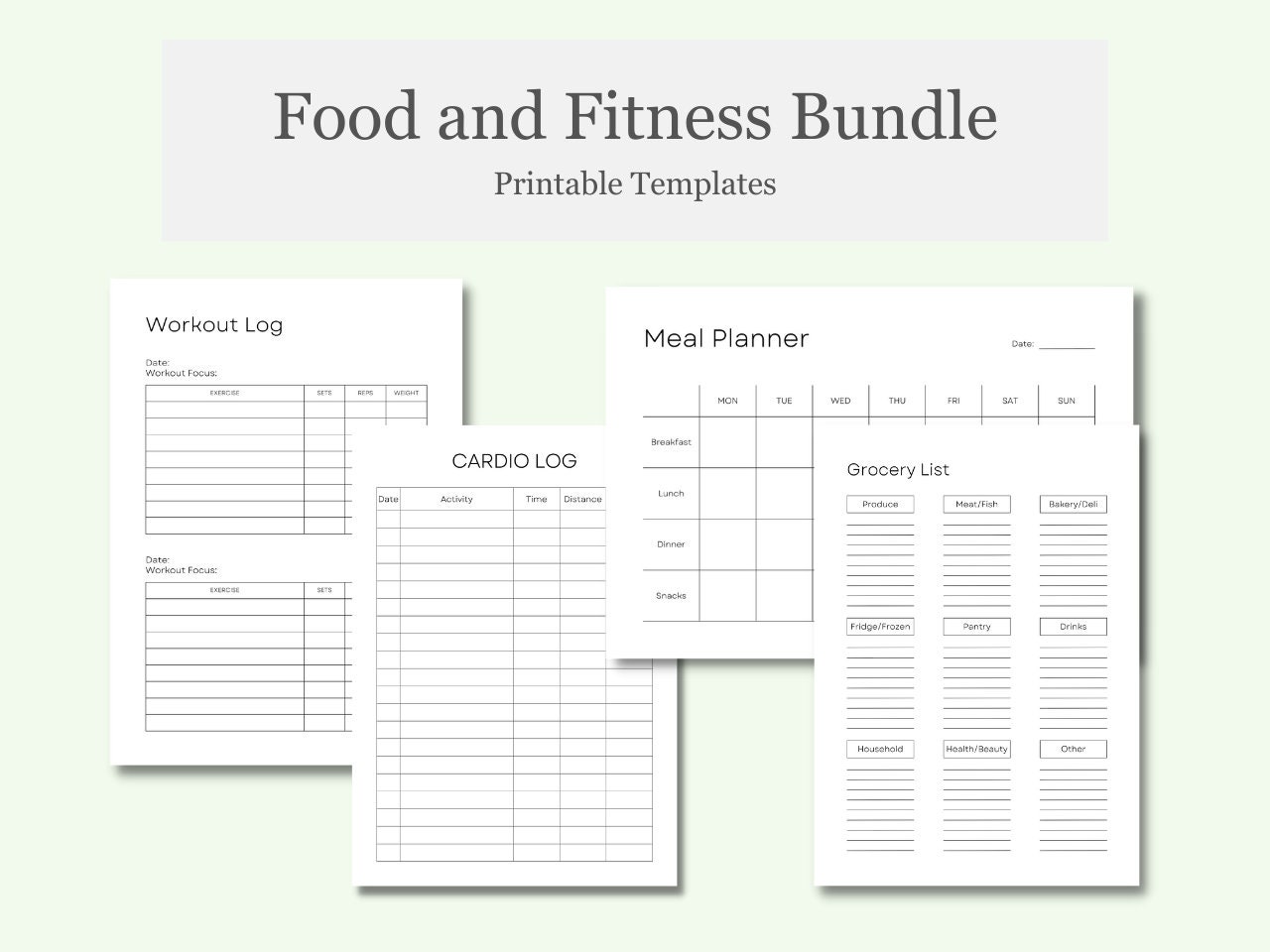 Food and Fitness Printable Template Bundle, Daily Workout Log, Cardio ...