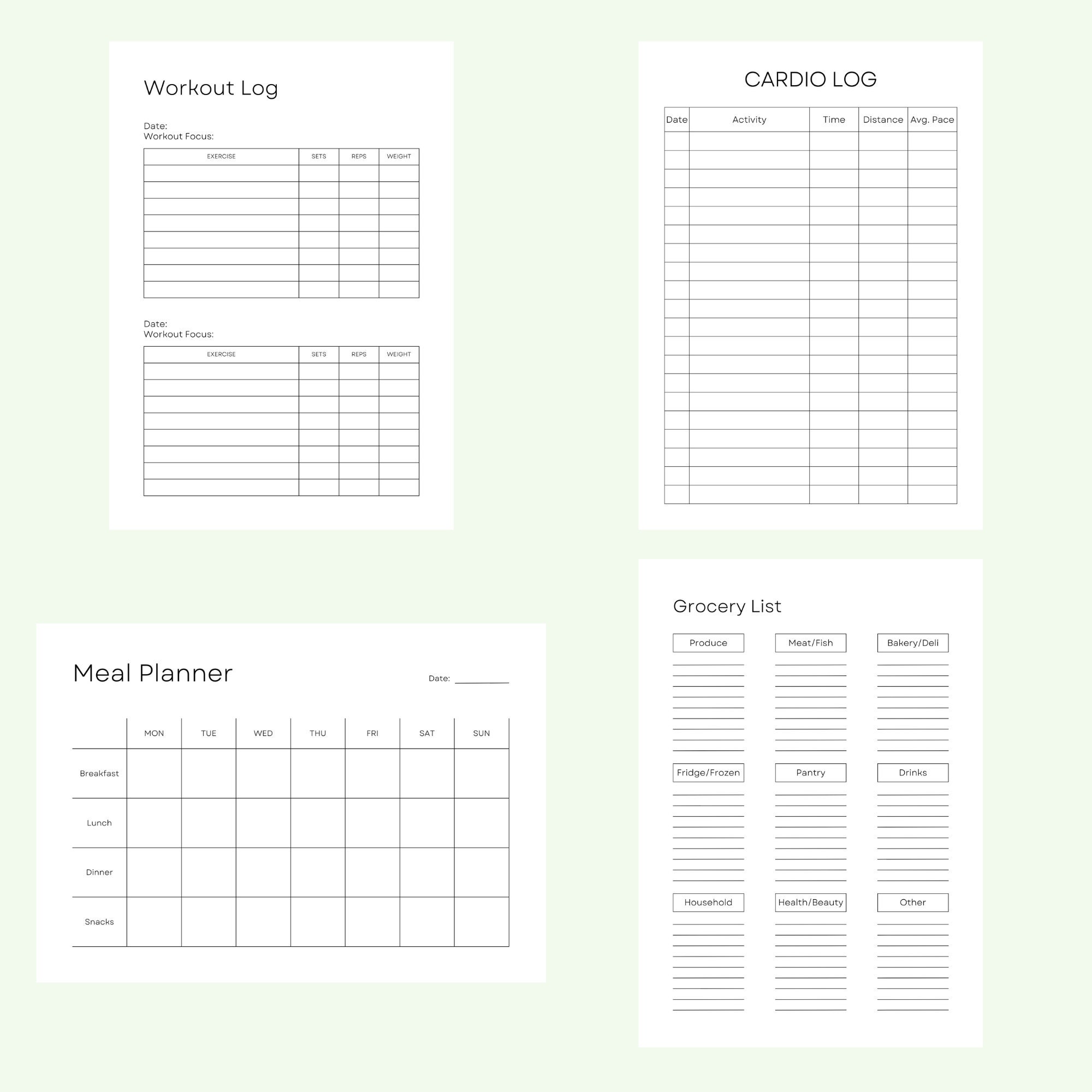Food and Fitness Printable Template Bundle, Daily Workout Log, Cardio ...