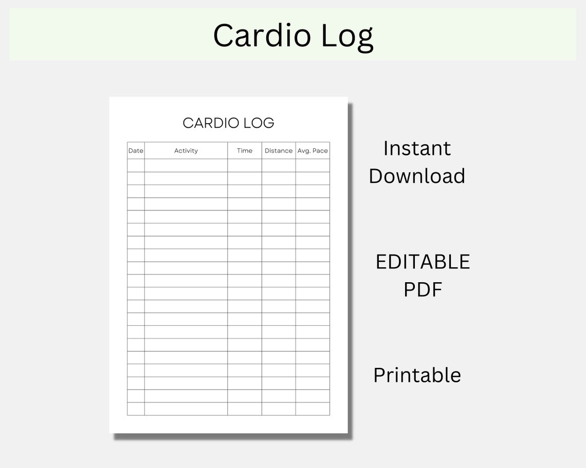 Cardio Log Printable, Workout Log, Running Tracker, Fitness Goals ...