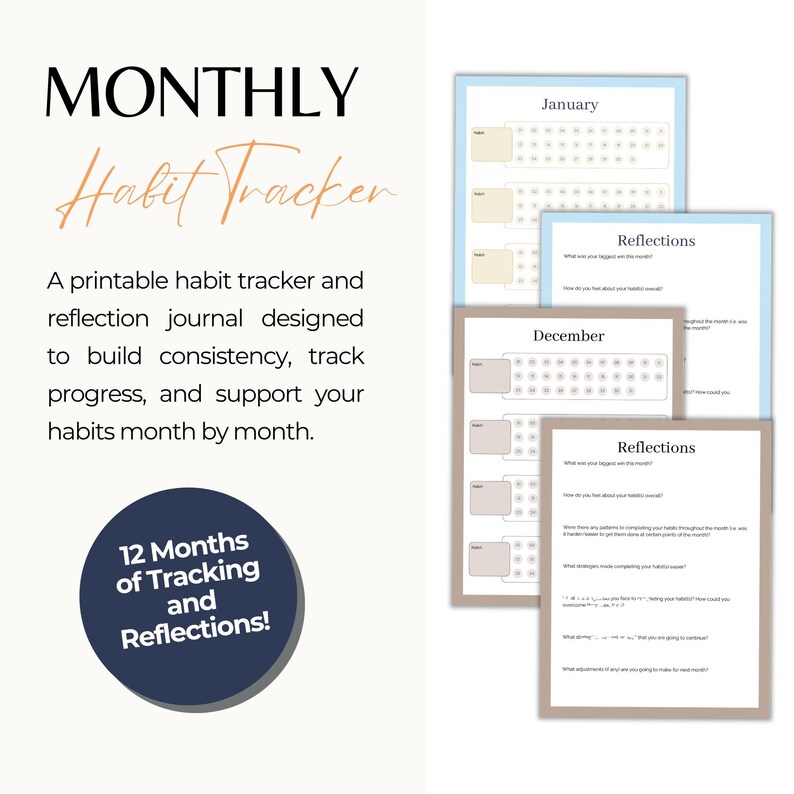 Monthly Habit Tracker Printable, Reflection Journal (PDF Digital ...