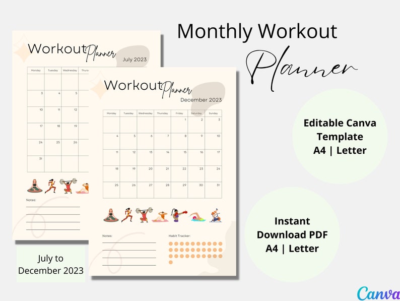 Editable Monthly Workout Planner, Canva Template, Fitness Journal ...