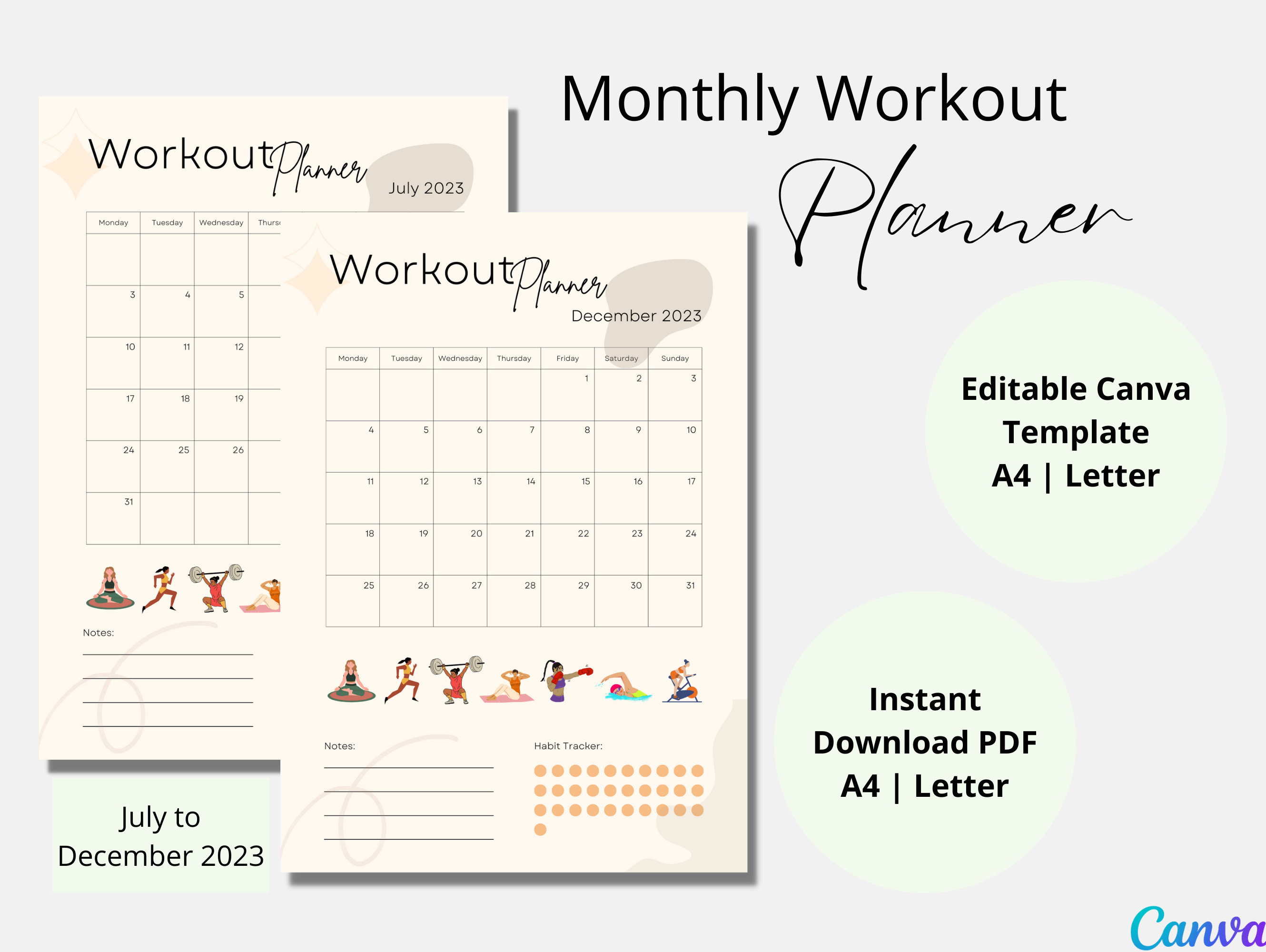 Editable Monthly Workout Planner, Canva Template, Fitness Journal ...