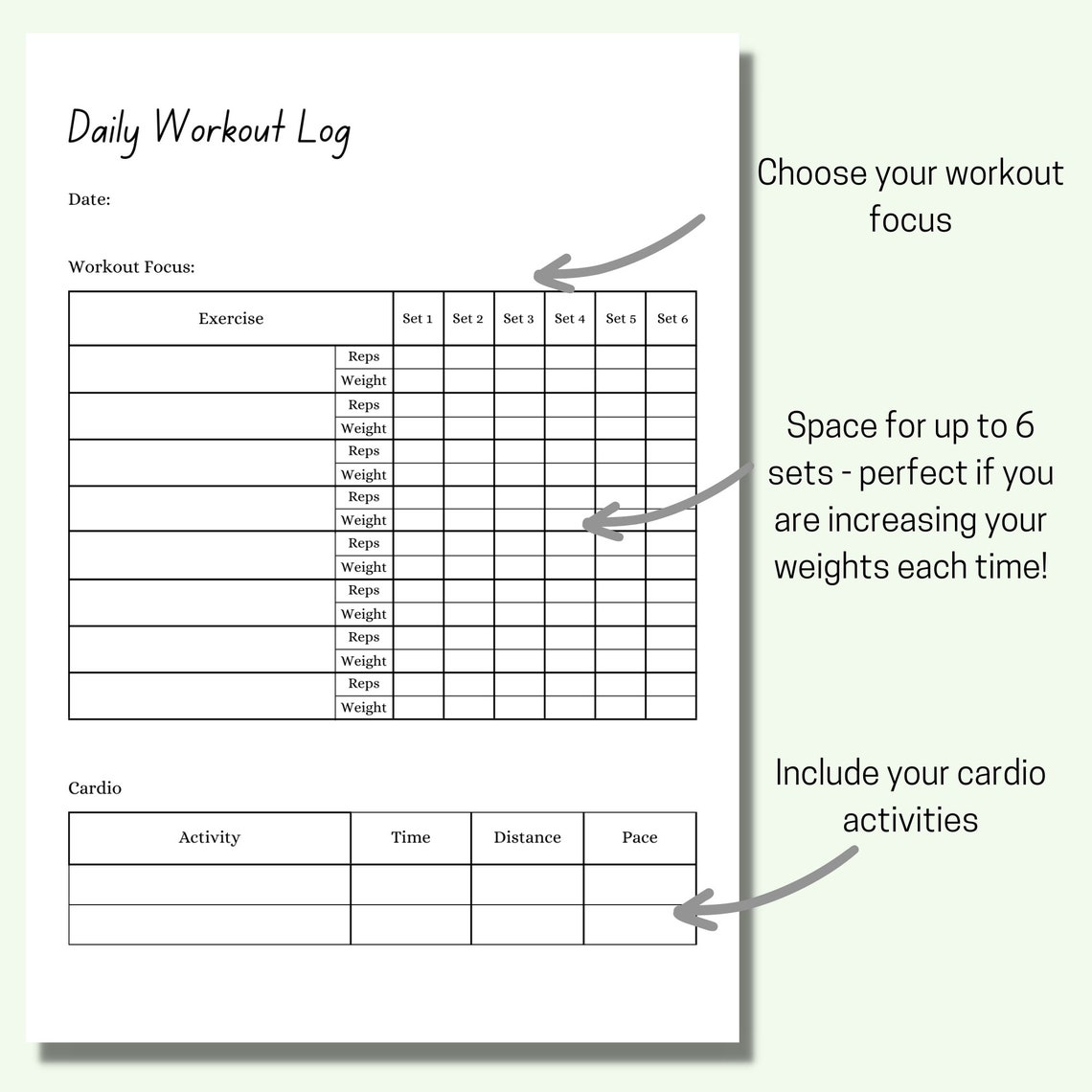 Workout Log Printable, Fitness Planner, Exercise Template, Workout ...