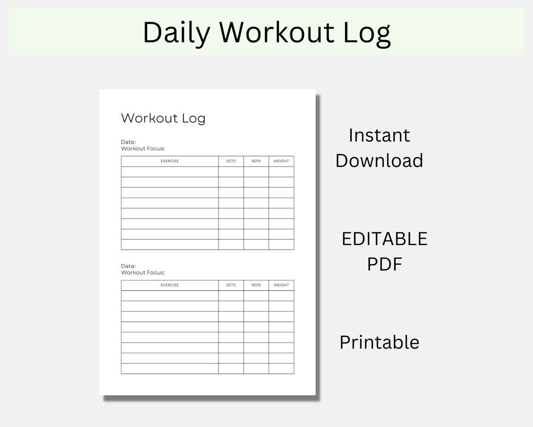Workout Log Printable, Editable PDF, Fitness Planner, Exercise Template ...