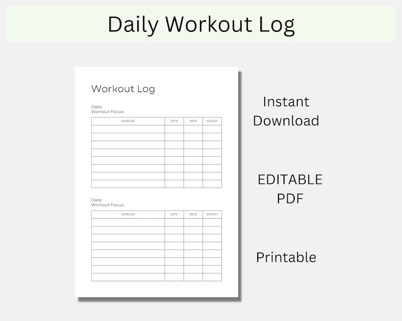 Workout Log Printable, Editable PDF, Fitness Planner, Exercise Template ...