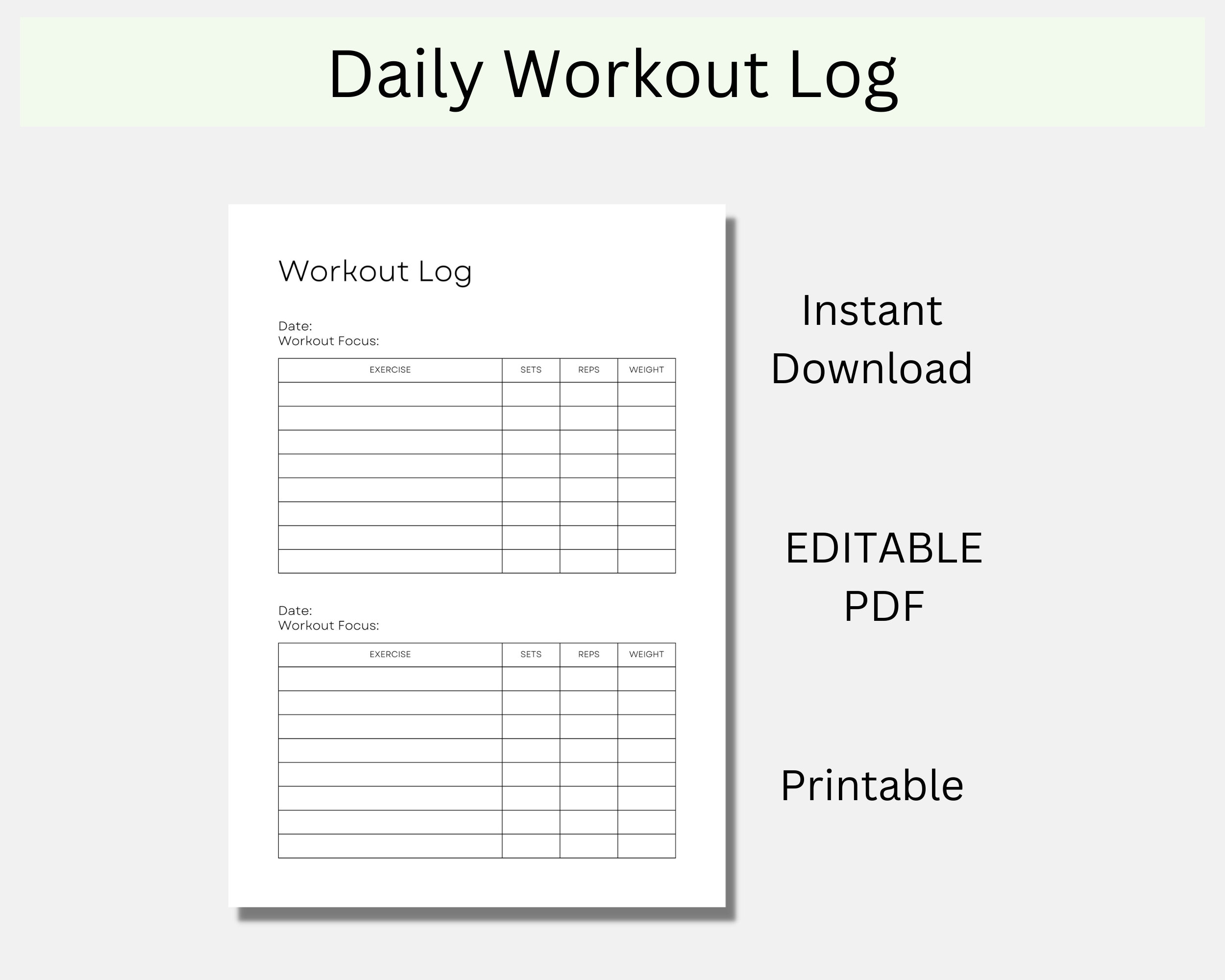 Workout Log Printable, Editable PDF, Fitness Planner, Exercise Template ...
