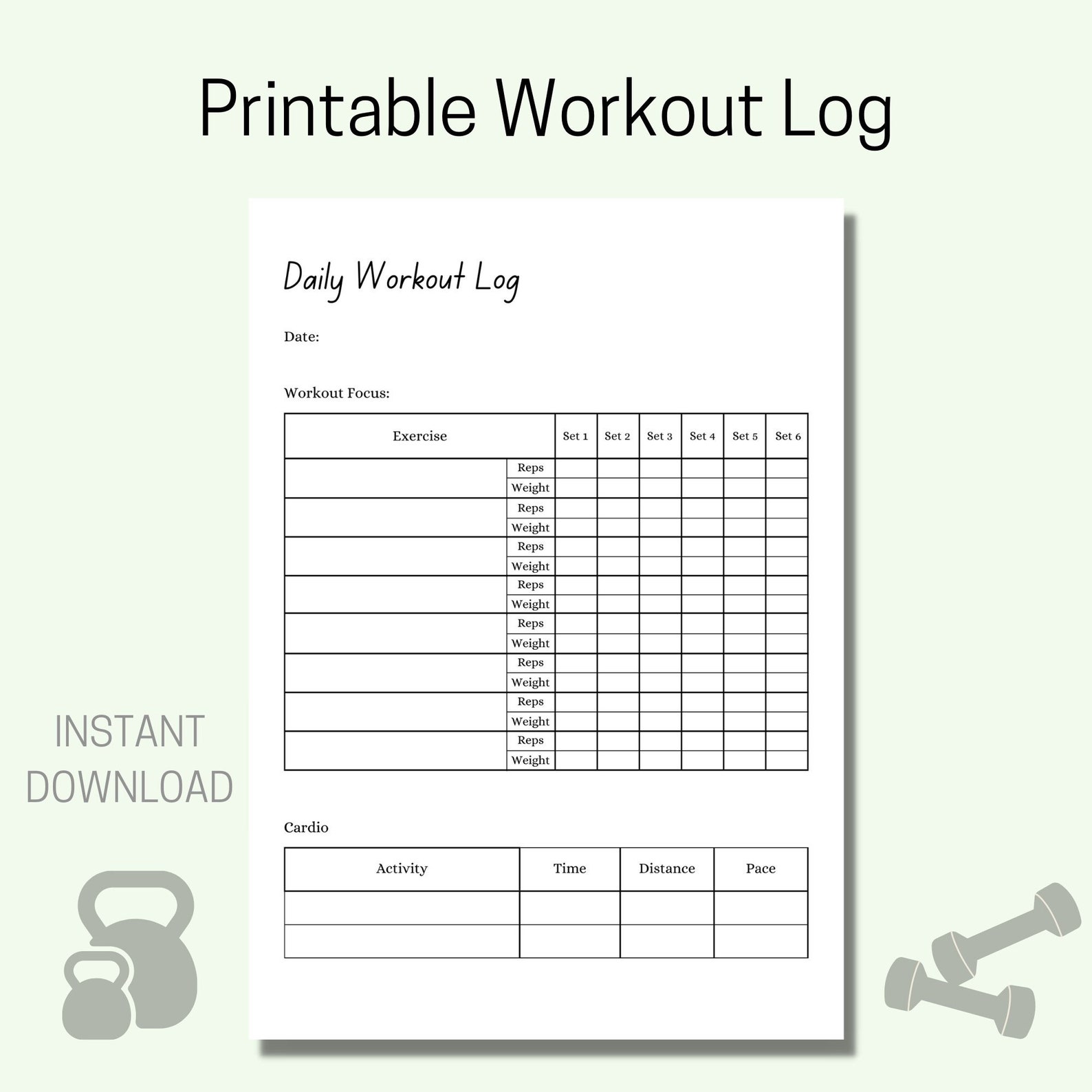Workout Log Printable, Fitness Planner, Exercise Template, Workout ...