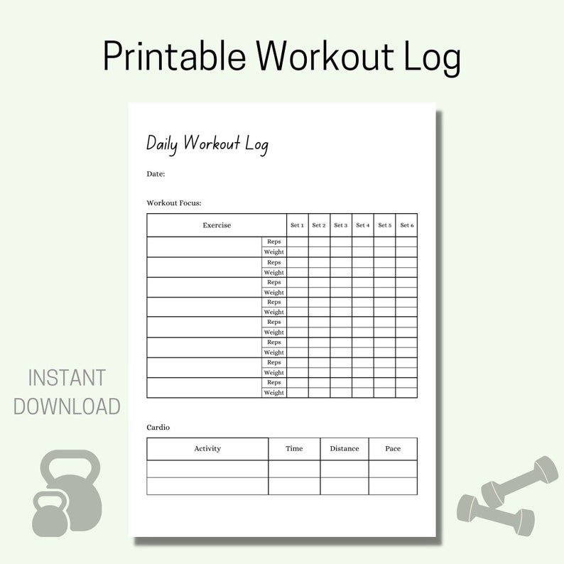 Workout Log Printable, Fitness Planner, Exercise Template, Workout ...