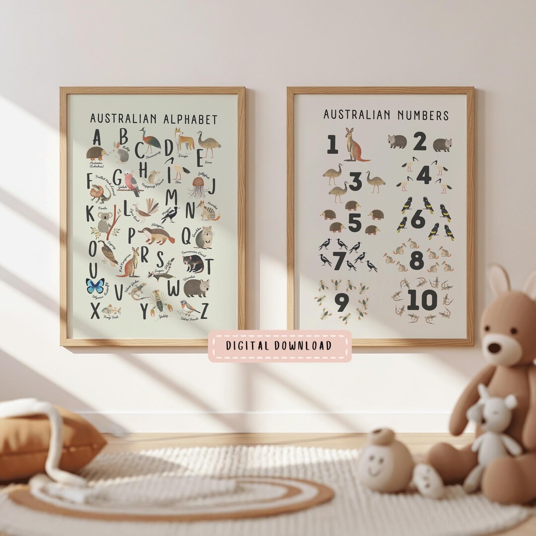 Australian Animals Alphabet & Numbers, Educational Posters, Sage Green ...