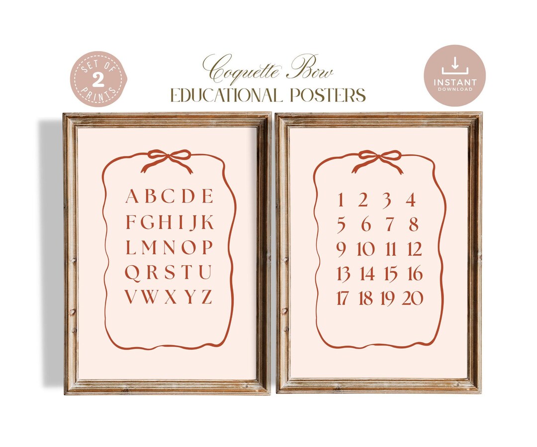Pink Coquette Educational Poster Set: Bow Alphabet & Number Charts ...