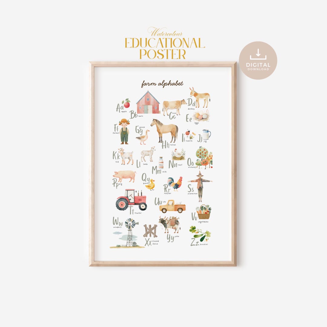 Farm Alphabet Poster: Watercolor A-Z Letters, Farmyard Animal Playroom ...