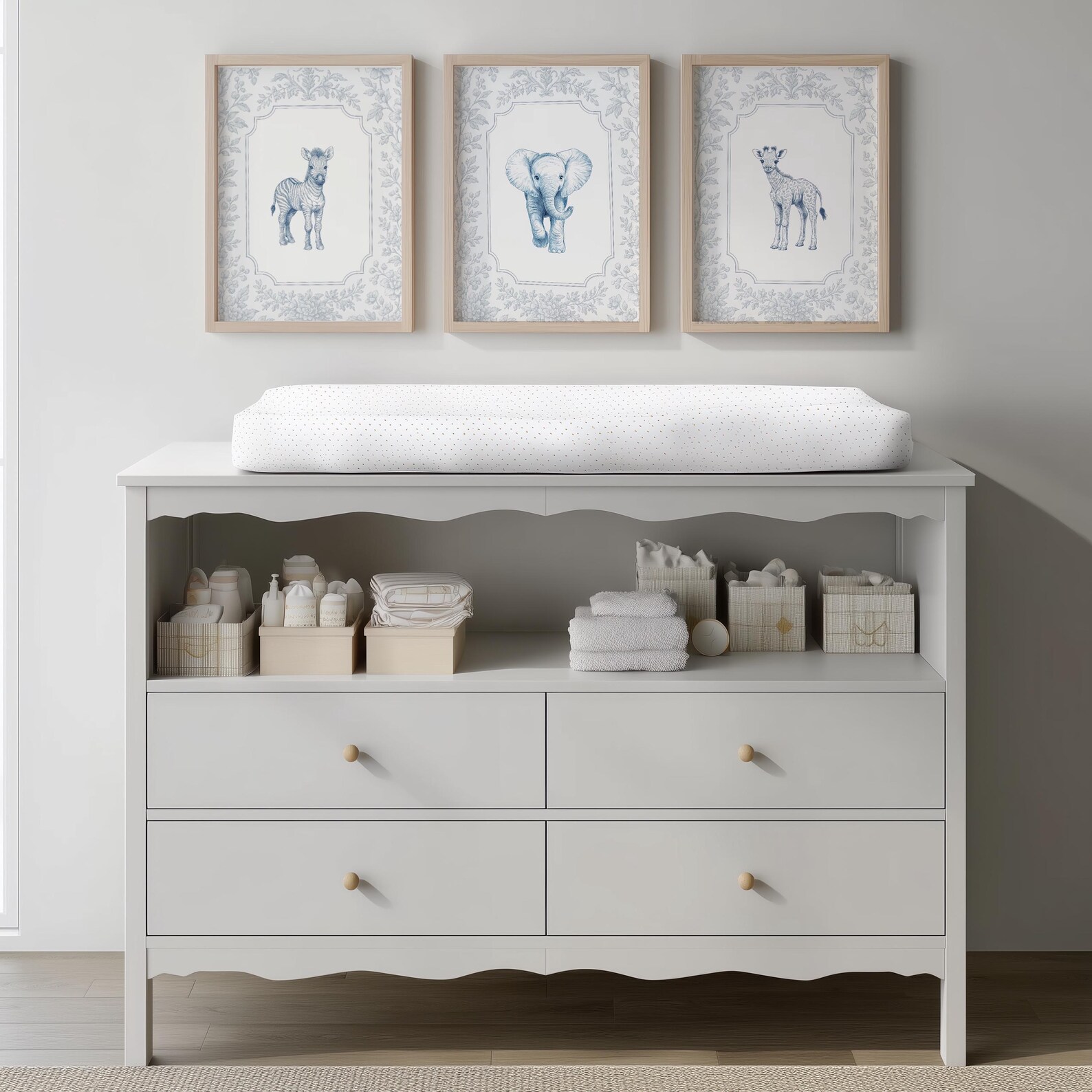 Blue Toile De Jouy Wall Prints, Safari Animals, Elephant, Giraffe ...