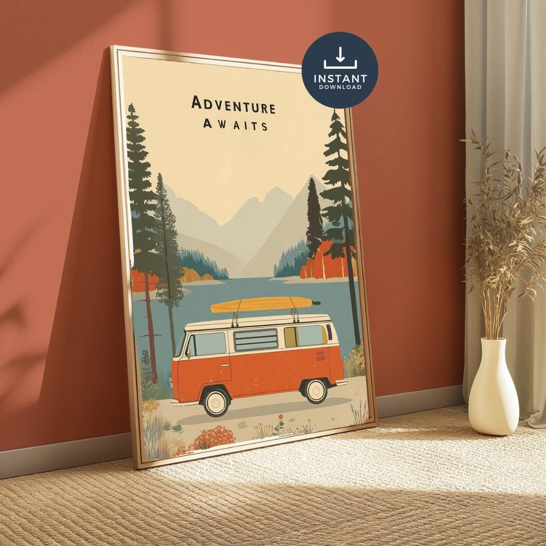 Adventure Awaits Printable Kids Wall Art, Campervan Camping Outdoorsy ...