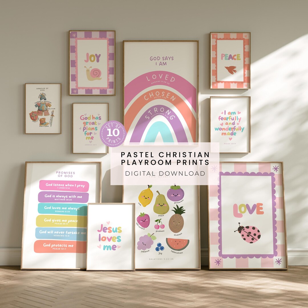 Christian Playroom Print Set, Pastel Bible Verse Sunday School Posters ...