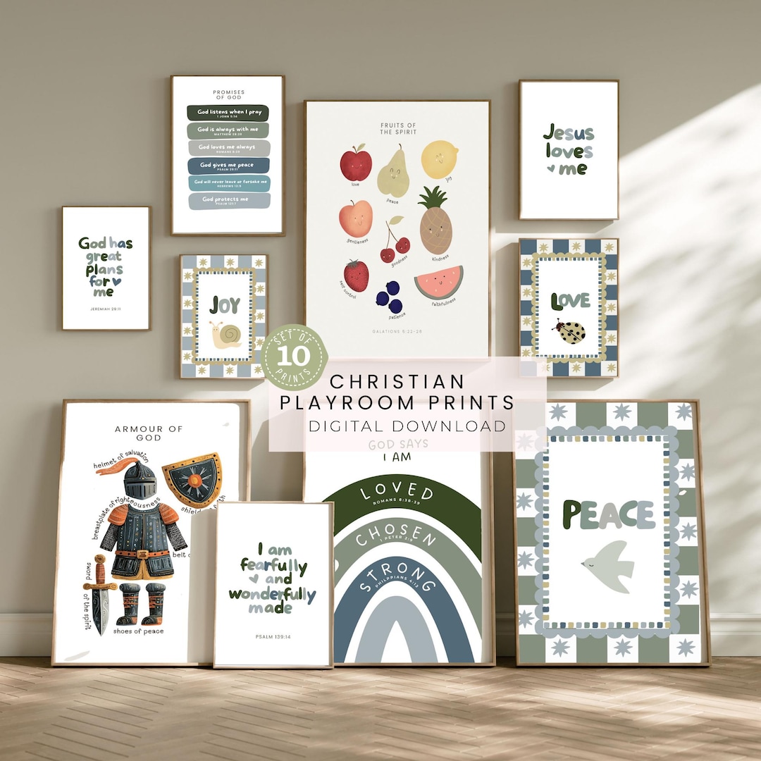 Blue Christian Playroom Print Set, Sunday School Posters, Kids ...