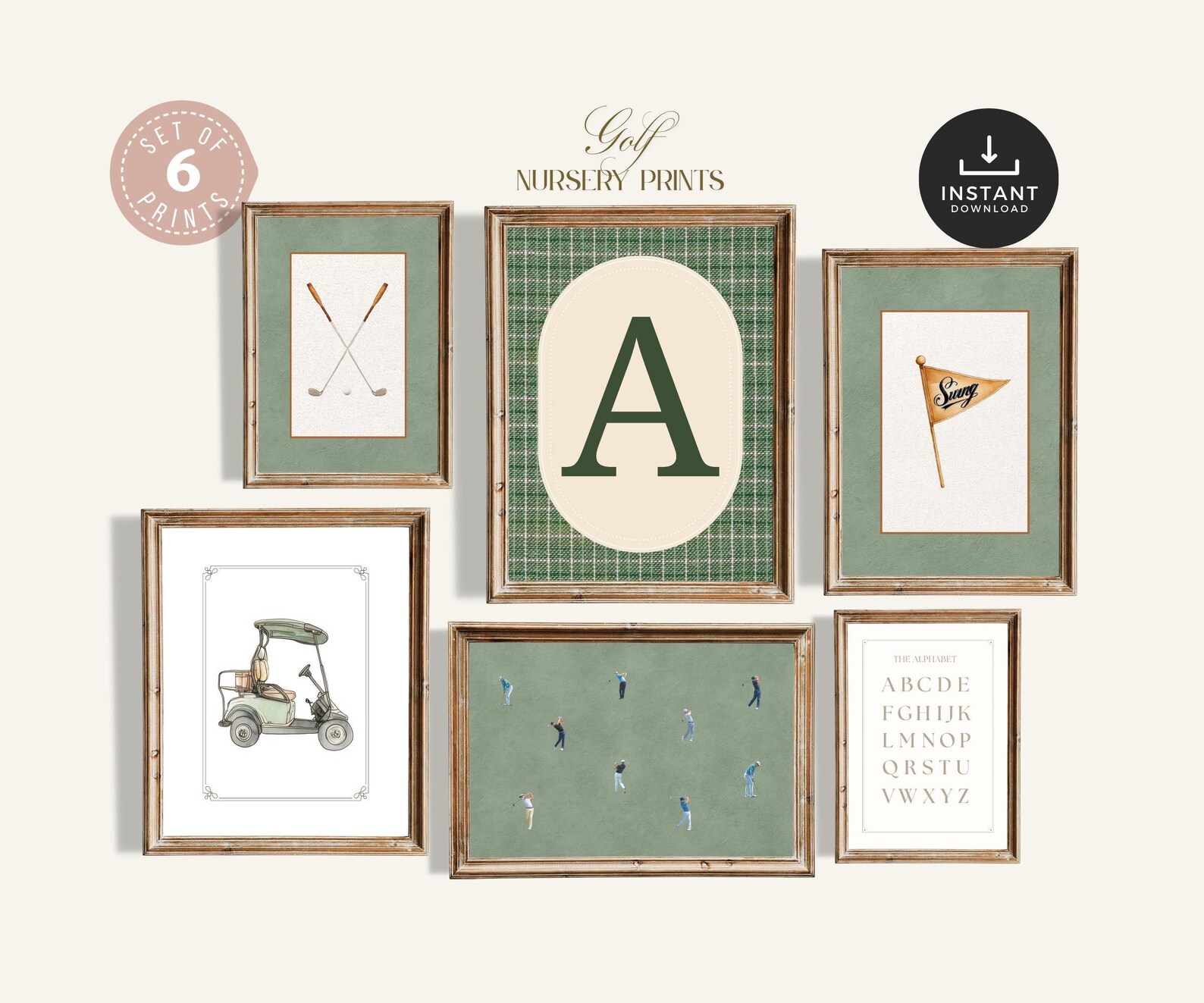 Vintage Golf Nursery Prints: Green Watercolor, Plaid Name Initial (set ...