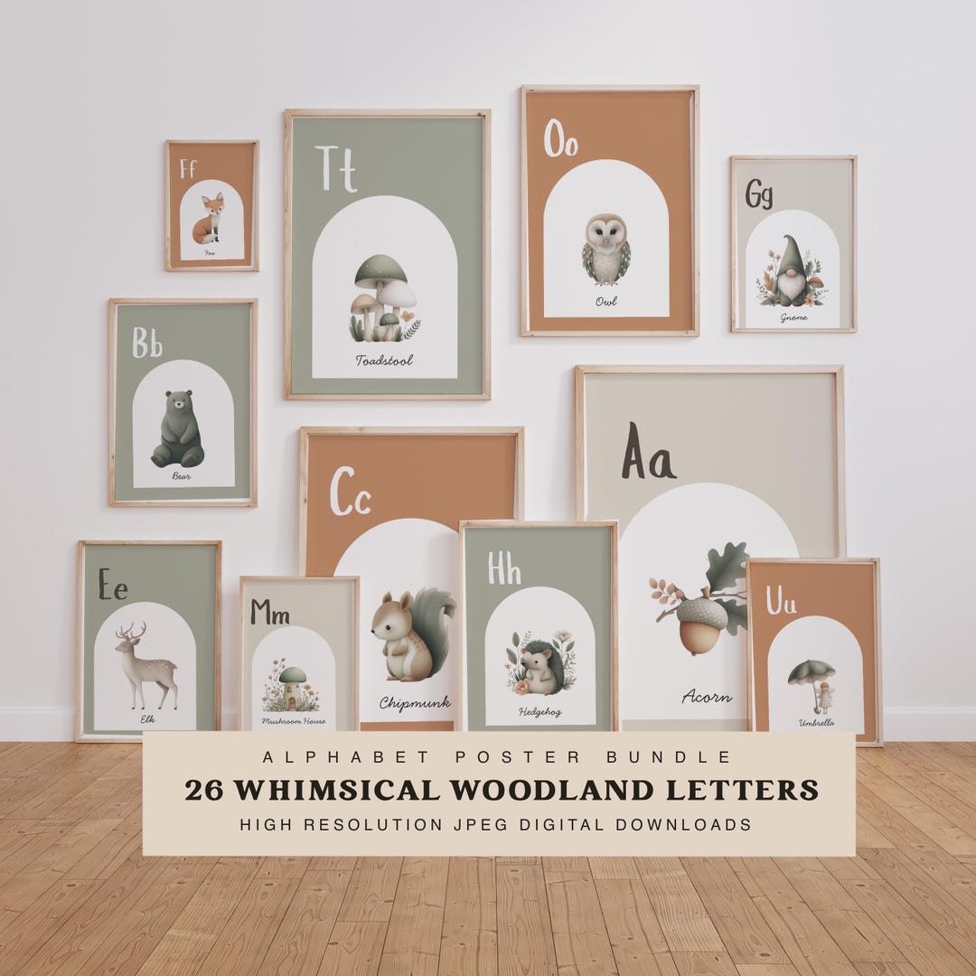 Woodland Alphabet Letter Posters, Boho Sage Green, Terracotta and Cream ...