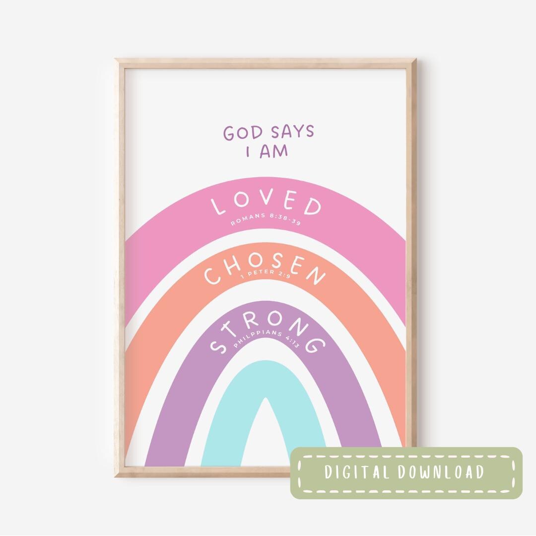 Pastel Rainbow Kids Affirmation Poster, God Says I Am, Girls Scripture ...