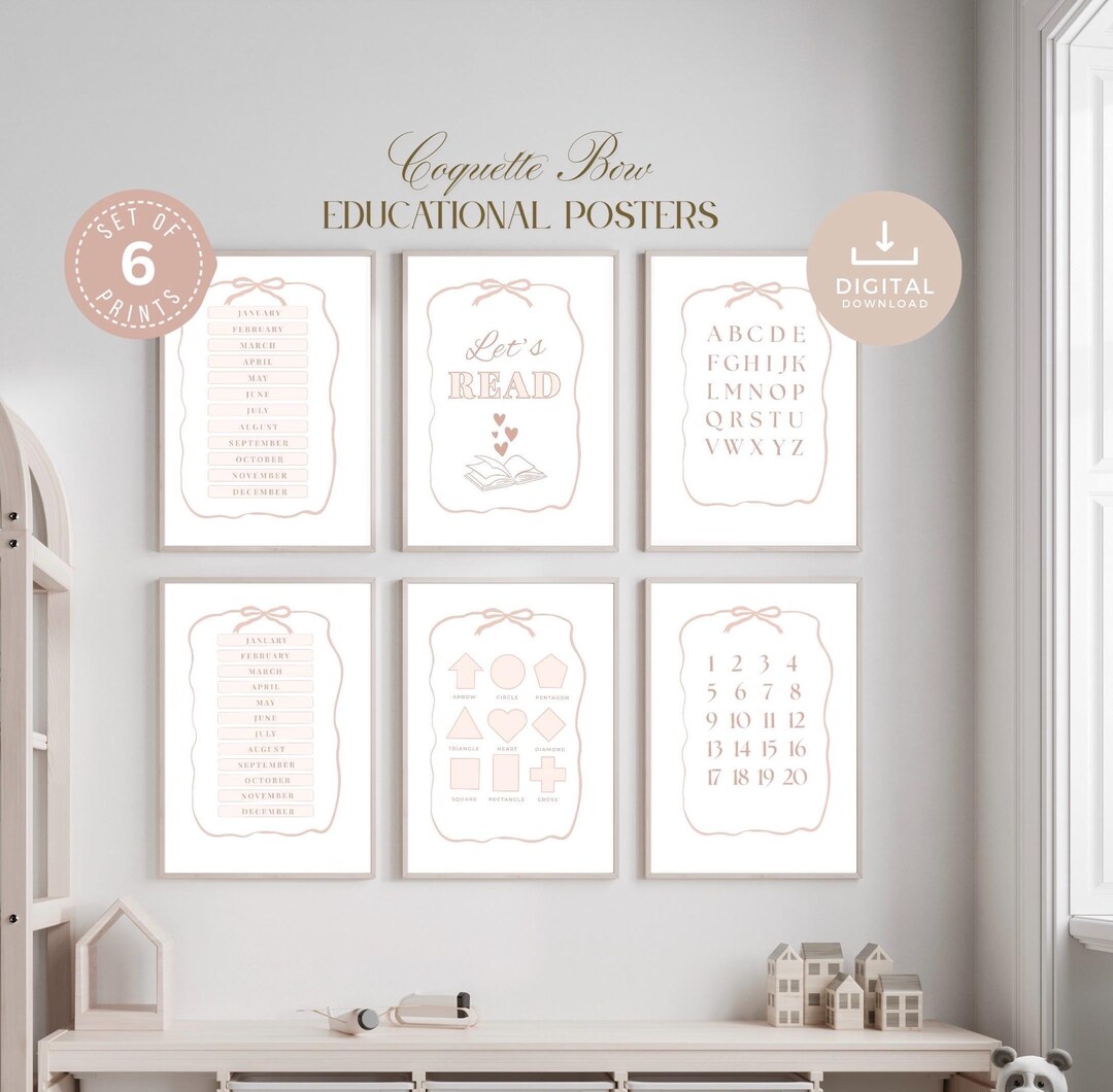Pink Coquette Educational Poster Set: Bows, Alphabet, Numbers (digital ...